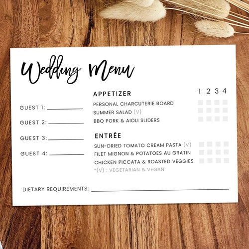 Menu Selection Card Template Printable Wedding RSVP Menu Card - Etsy