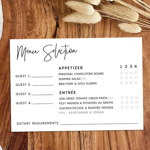 Menu Selection Card Template Printable Wedding RSVP Menu Card - Etsy