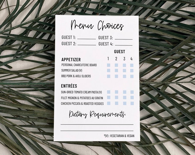 Menu Selection Card Template, Printable Wedding RSVP Menu Card With Meal Options, Meal Choice ...
