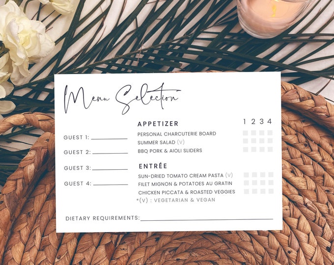 Menu Selection Card Template, Printable Wedding RSVP Menu Card With ...