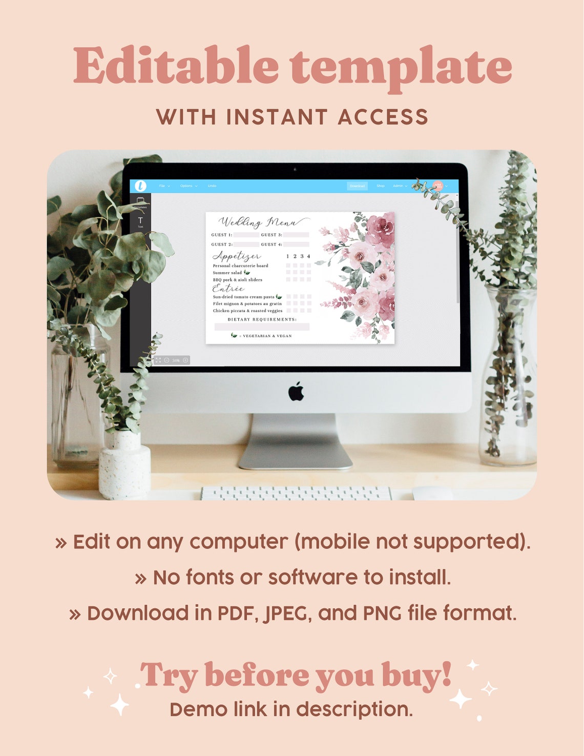 Menu Selection Card Template Printable Wedding RSVP Menu Card - Etsy