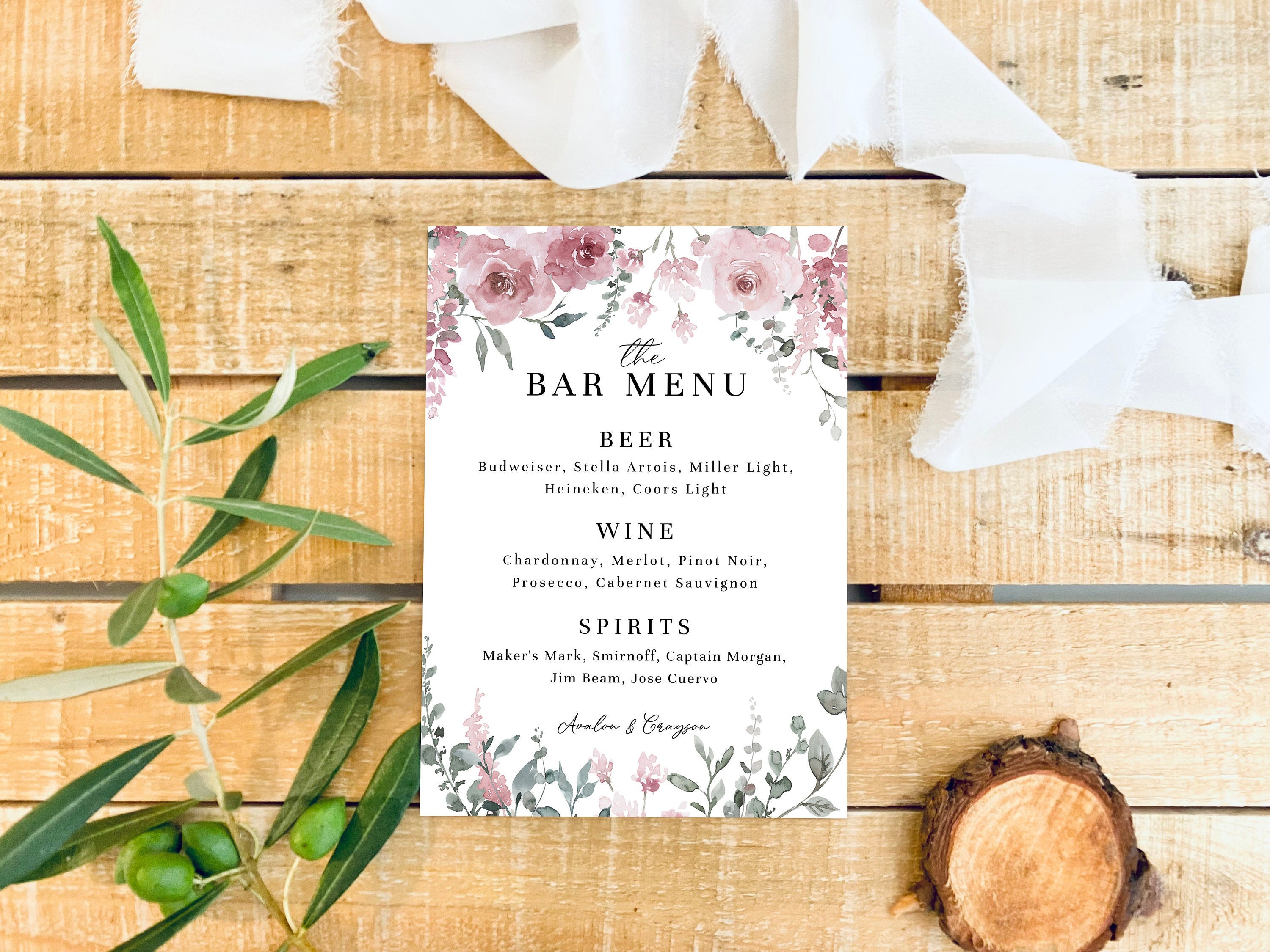 Printable Bar Menu Template With Floral Design Blush Flowers - Etsy
