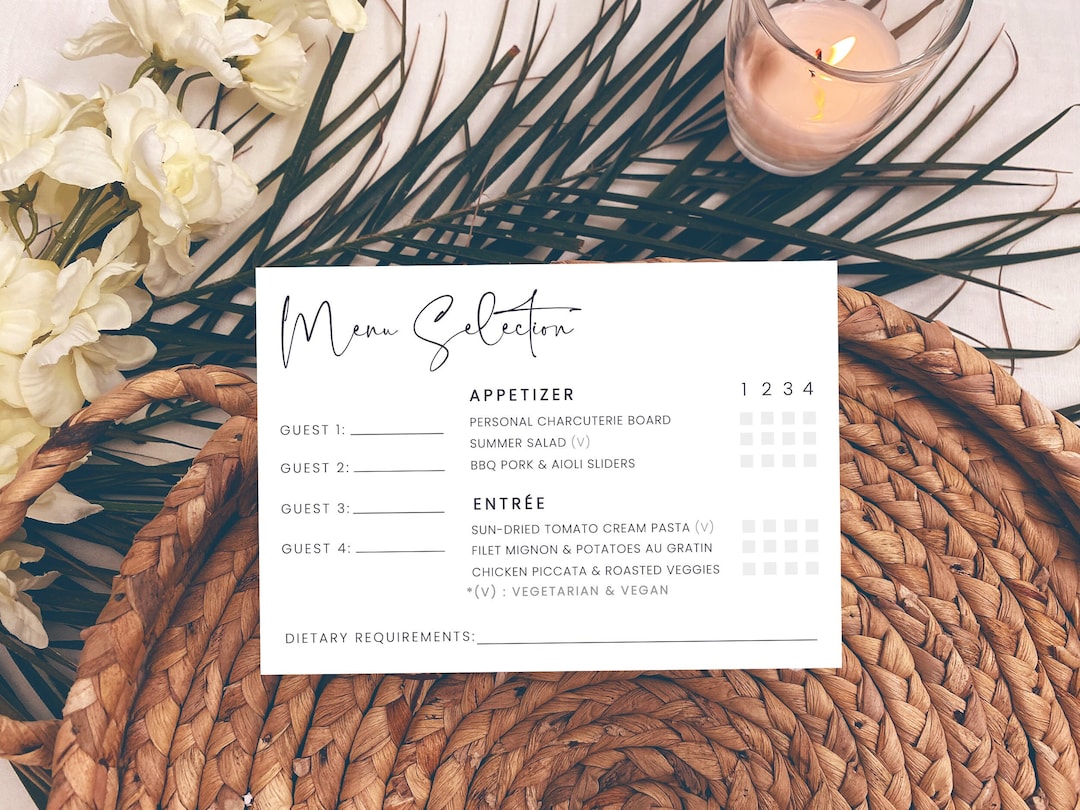 Menu Selection Card Template, Printable Wedding RSVP Menu Card With ...