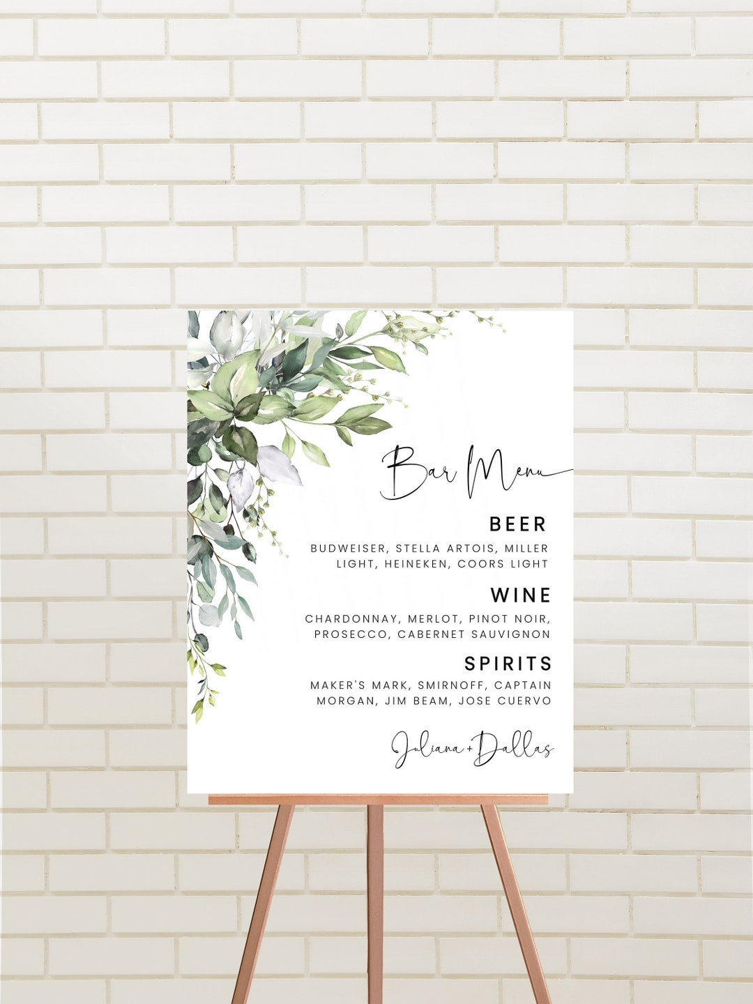 Greenery Bar Menu Template, Wedding Bar Menu Sign, Drink Menu, Bar Sign ...
