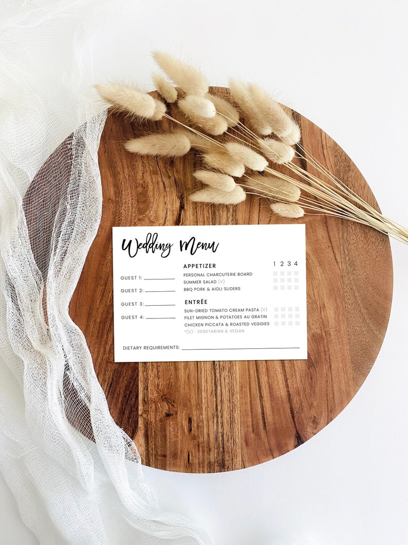 Menu Selection Card Template Printable Wedding RSVP Menu Card - Etsy