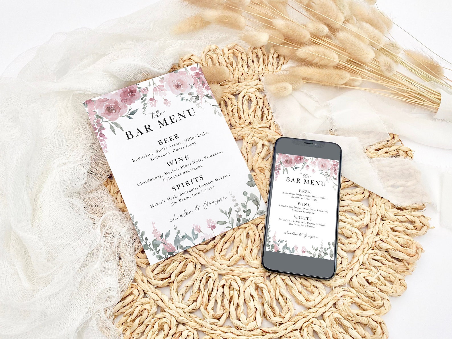 Printable Bar Menu Template With Floral Design Blush Flowers | Etsy