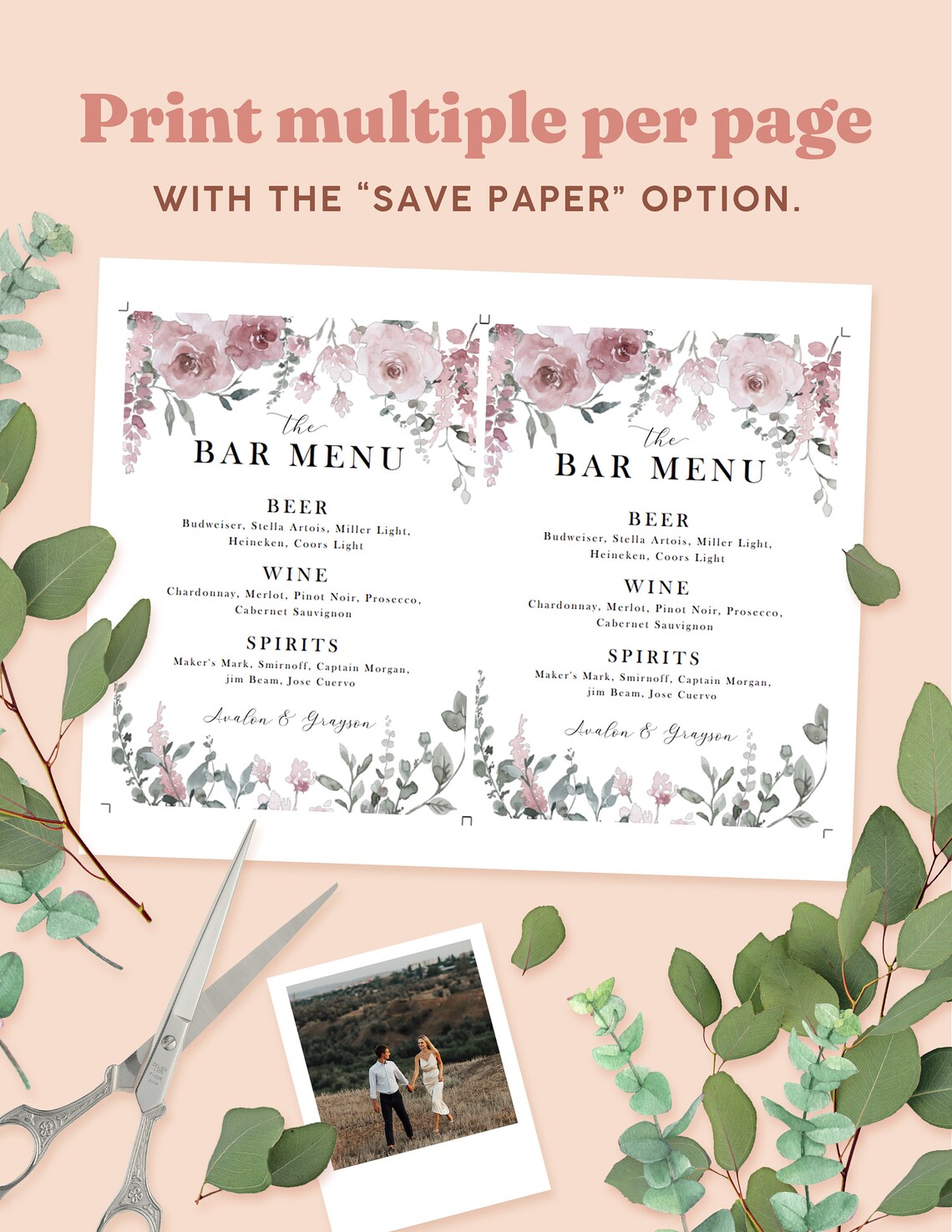 Printable Bar Menu Template With Floral Design Blush Flowers - Etsy