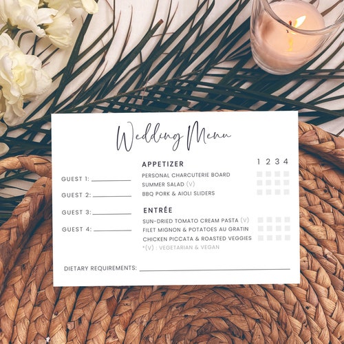 Menu Selection Card Template Printable Wedding RSVP Menu Card - Etsy