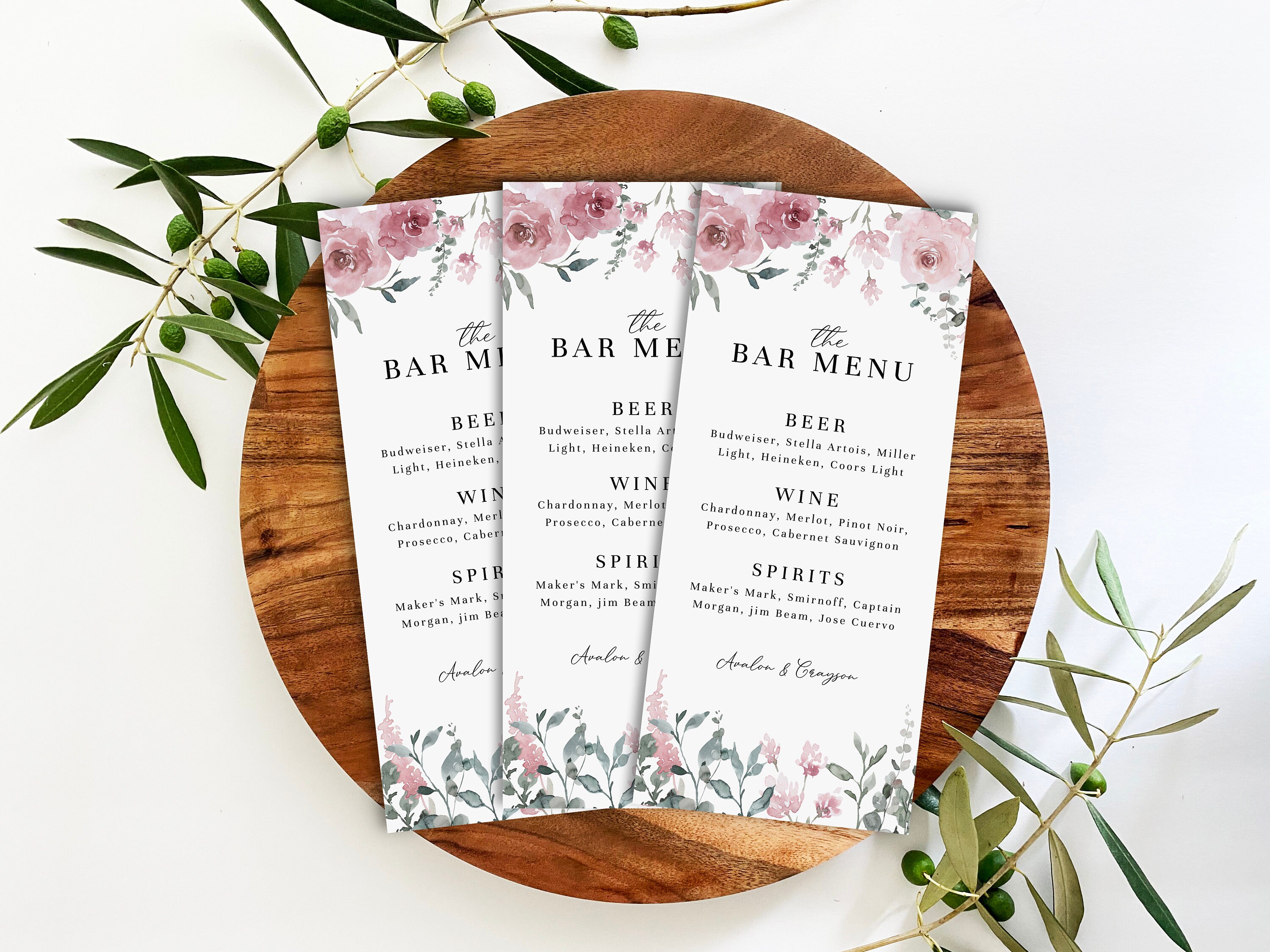 Printable Bar Menu Template With Floral Design Blush Flowers - Etsy