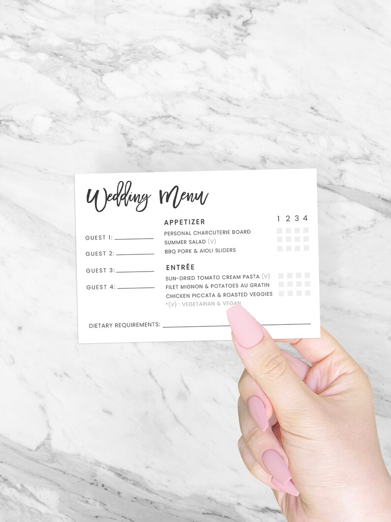 Menu Selection Card Template Printable Wedding RSVP Menu Card - Etsy