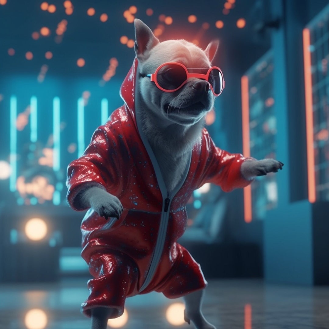 Cute Frinch Bulldog Dacing . AI Art Cyberpunk Theme Futuristic Fun Art ...