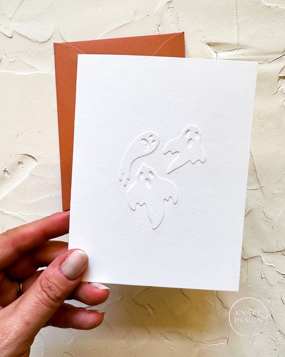 Embossed Ghost Card With Three Spooky Ghosts | Terracotta Orange ...