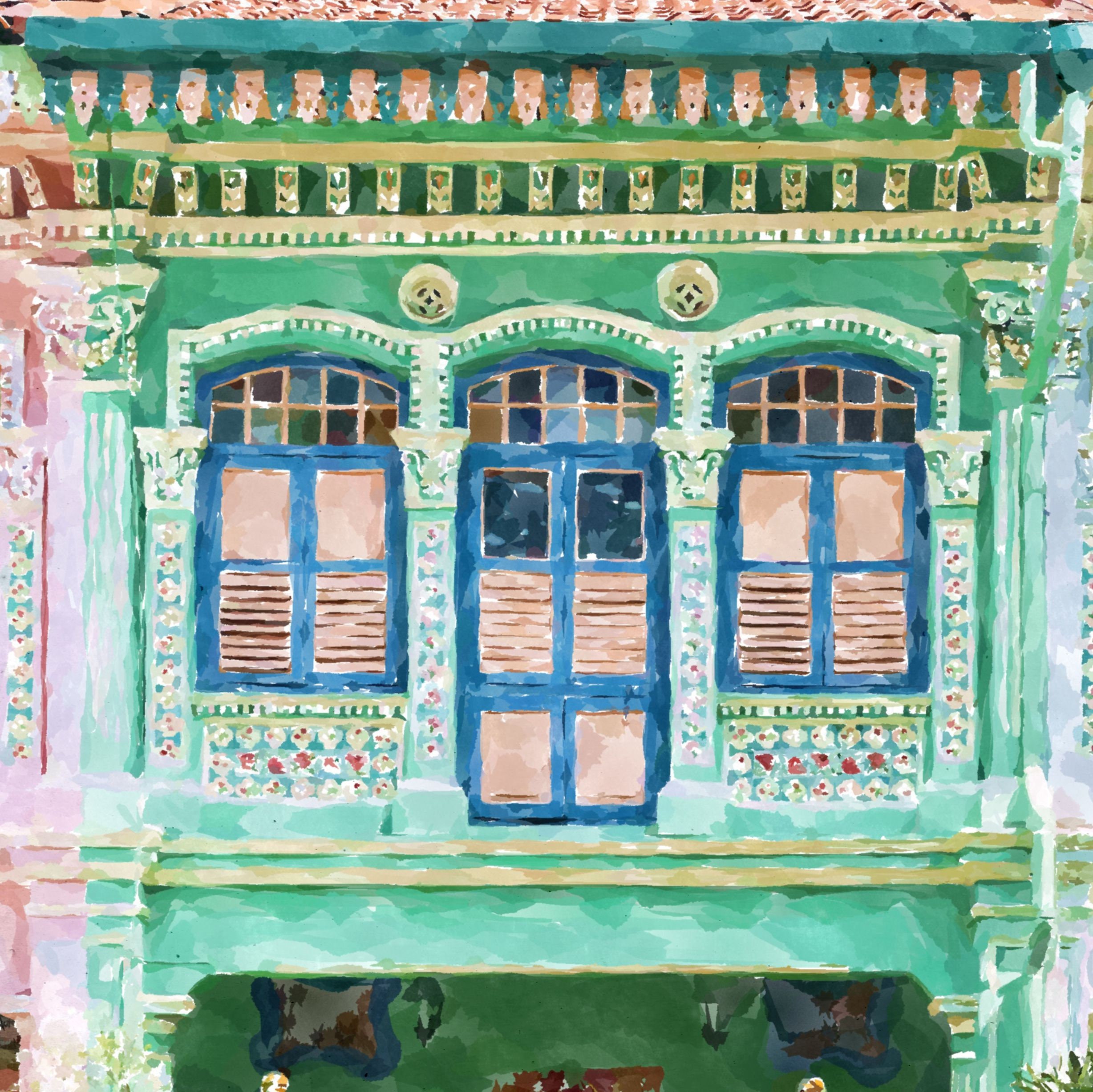 The Singaporean Green Peranakan-style Shophouse Artprint Poster - Etsy