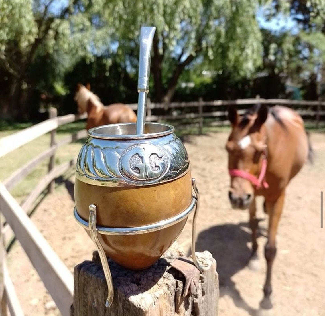 Calabash Mate Gourd Galloneado With Holder yerba Mate Cup Nickel Silver ...