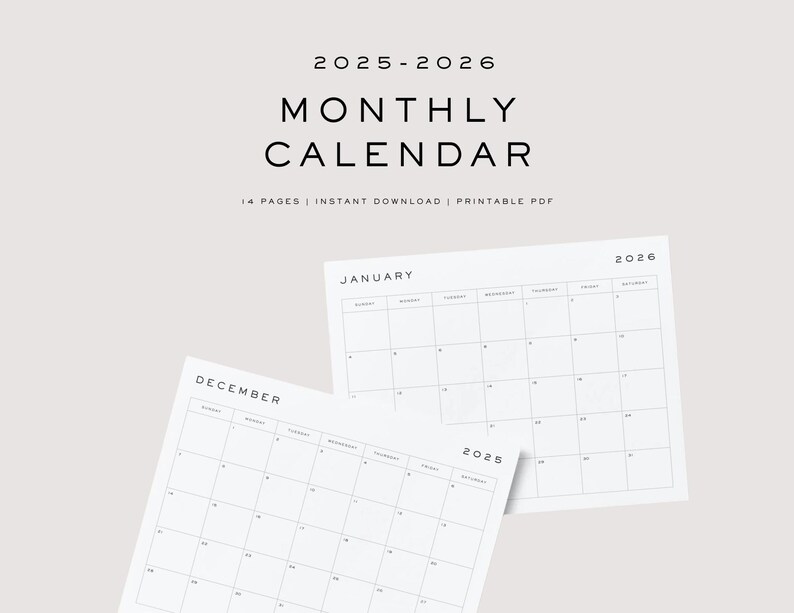 2025 - 2026 Monthly Calendar, Printable Template, Simple Classic ...