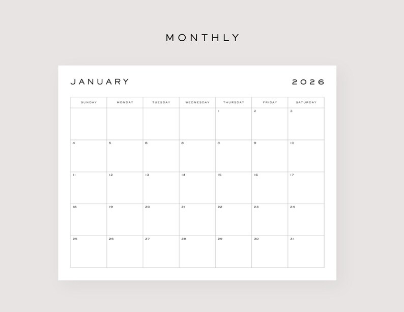 2025 - 2026 Monthly Calendar, Printable Template, Simple Classic ...