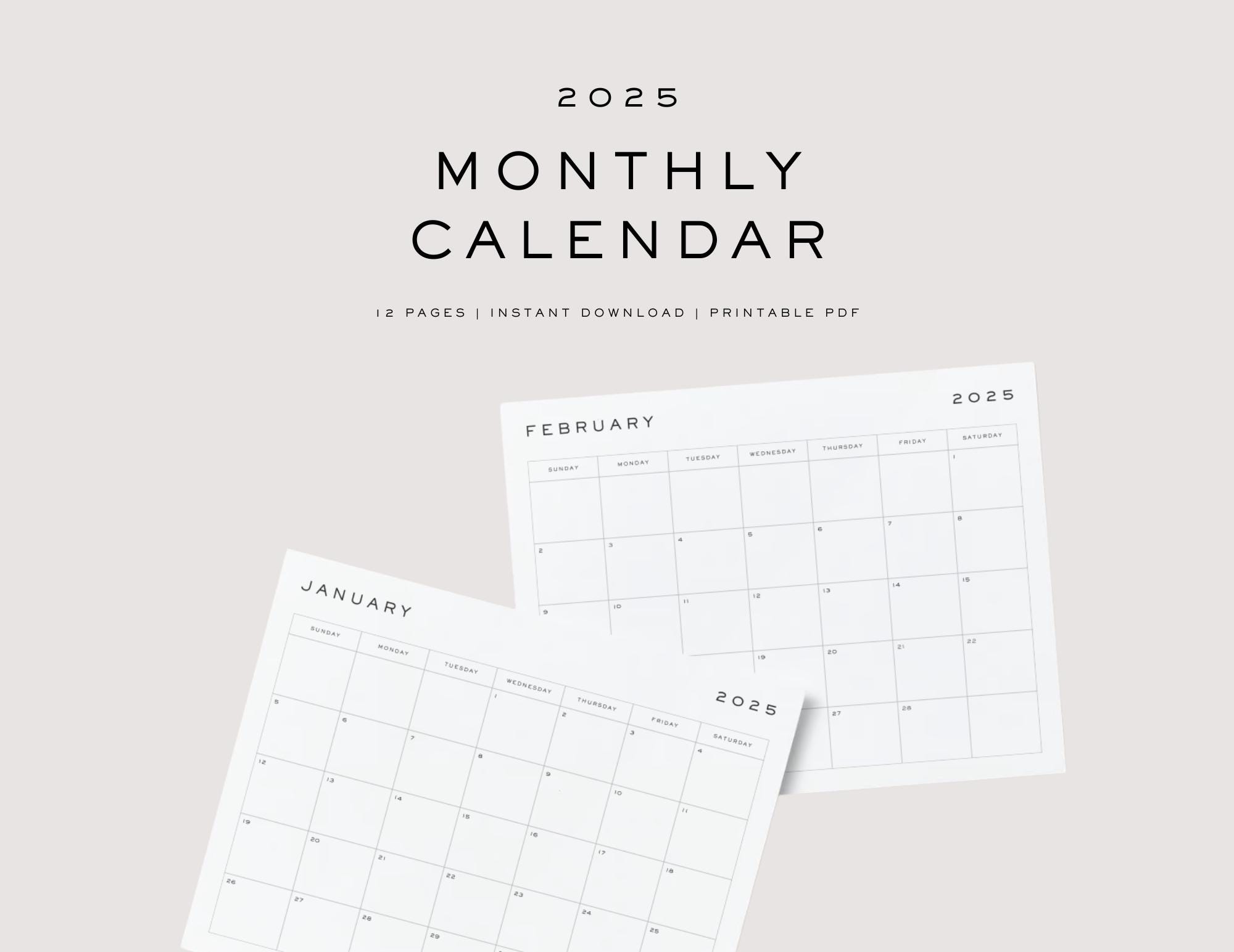 2025 Monthly Calendar, Printable Template, Simple Classic Minimalist ...
