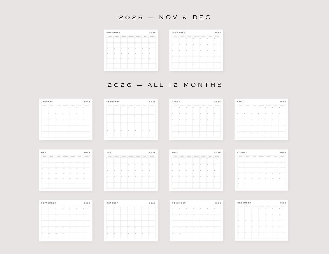 2025 - 2026 Monthly Calendar, Printable Template, Simple Classic ...