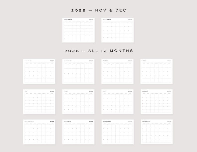 2025 - 2026 Monthly Calendar, Printable Template, Simple Classic ...