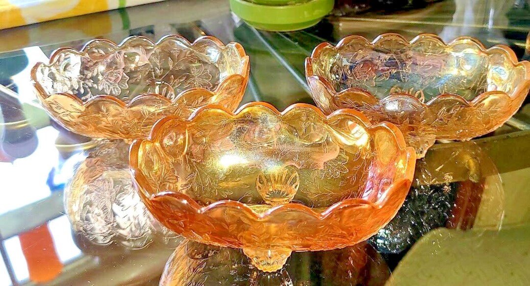 Vintage Set of 2 Luster Amber Color Carnival Glass Candy / Nut Serving ...
