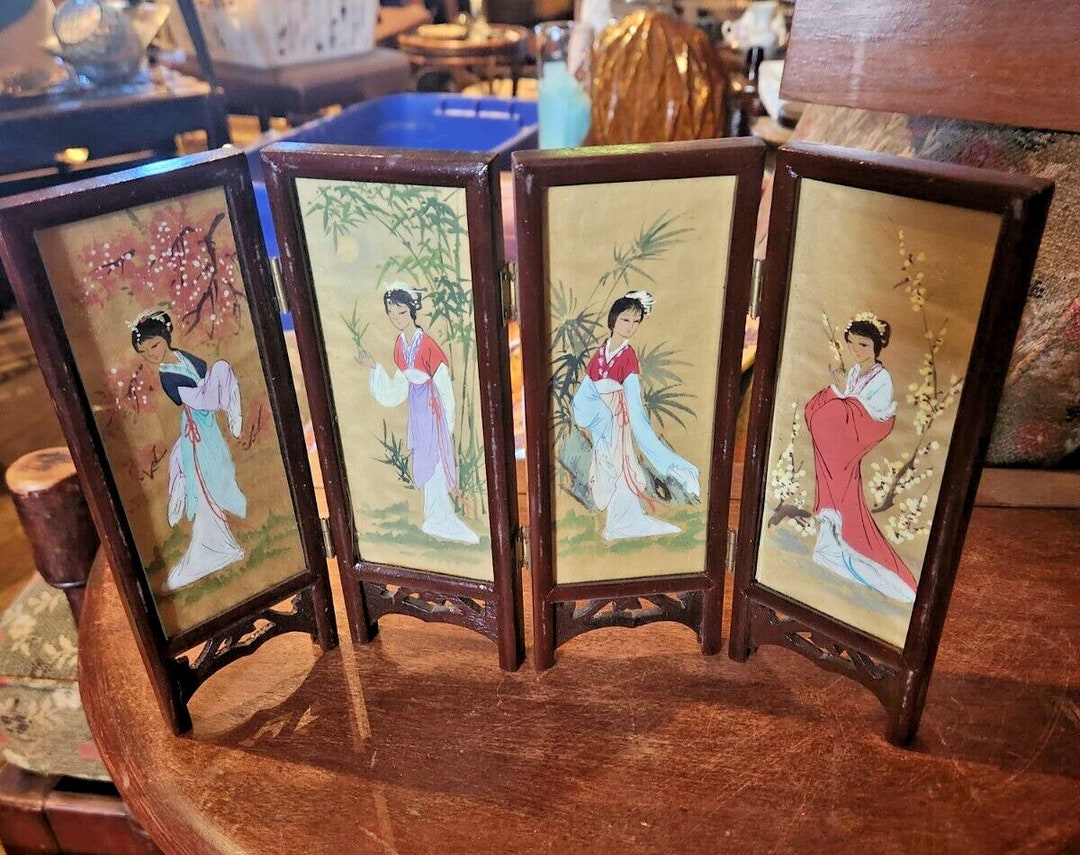 Oriental Geisha Girl Table Top Screen 8 X 12 Wood and Glass ...
