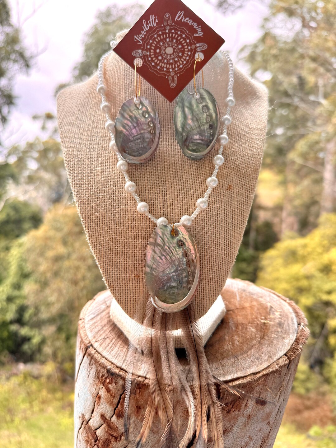 Abalone Shell, Pearl Bead & Emu Feather Necklace Earrrings Set - Etsy