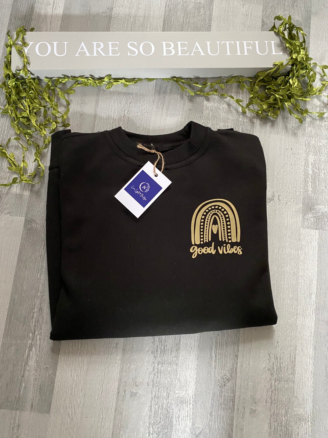 Black Jumper Sweatshirt With good Vibes and Rainbow Motif Decal ...