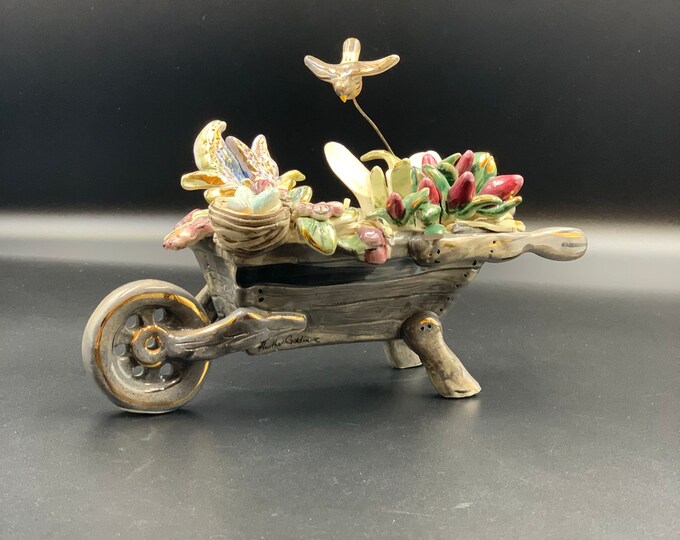 Rare Bluesky Clayworks “wheelbarrow Tea Light Holder” With Birds and ...