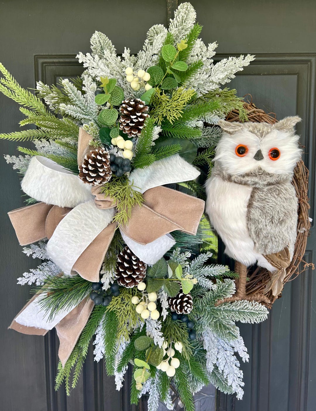 Winter Owl Wreath, Owl Wreath, Christmas Owl Wreath, Rustic Winter Door ...