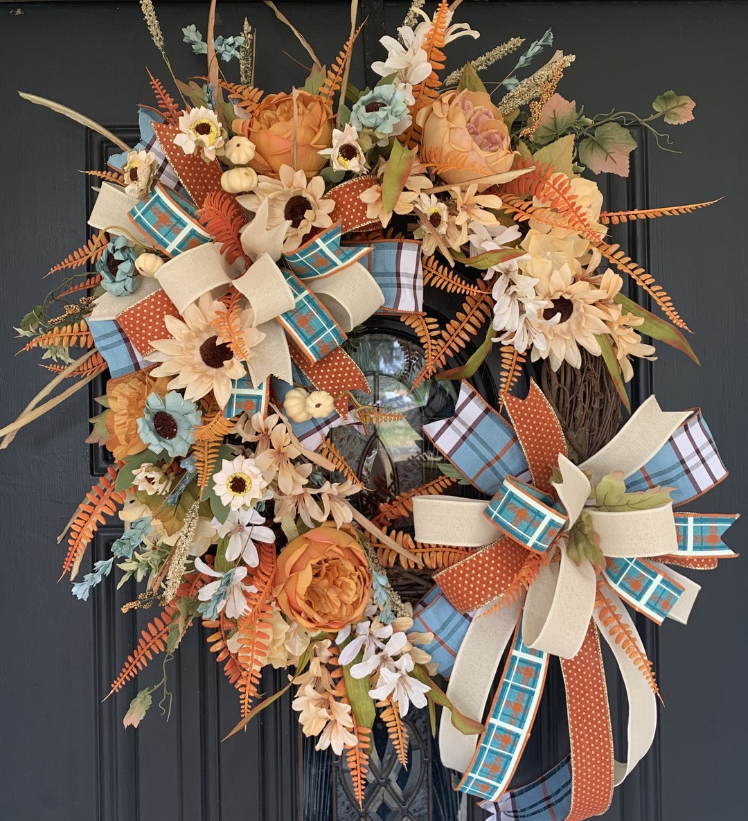 Blue and Orange Fall Wreath, Autumn Wreath, Sunflower Wreath, Floral ...