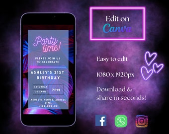 Neon Light Digital Birthday Invitation Template, Text Message Phone ...