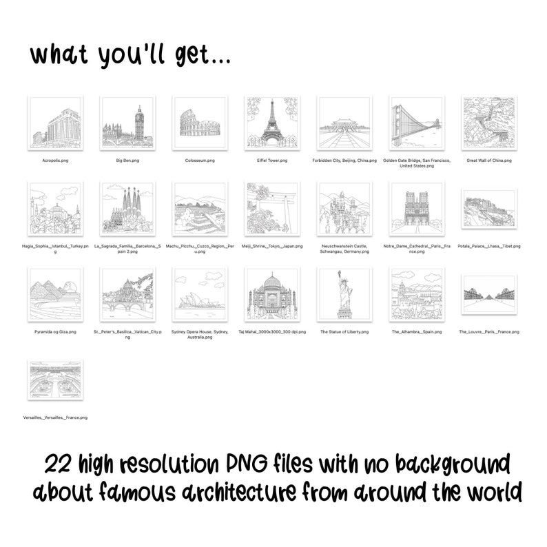 22 World Famous Landmark Coloring Page. Hand Drawn PNG File No ...