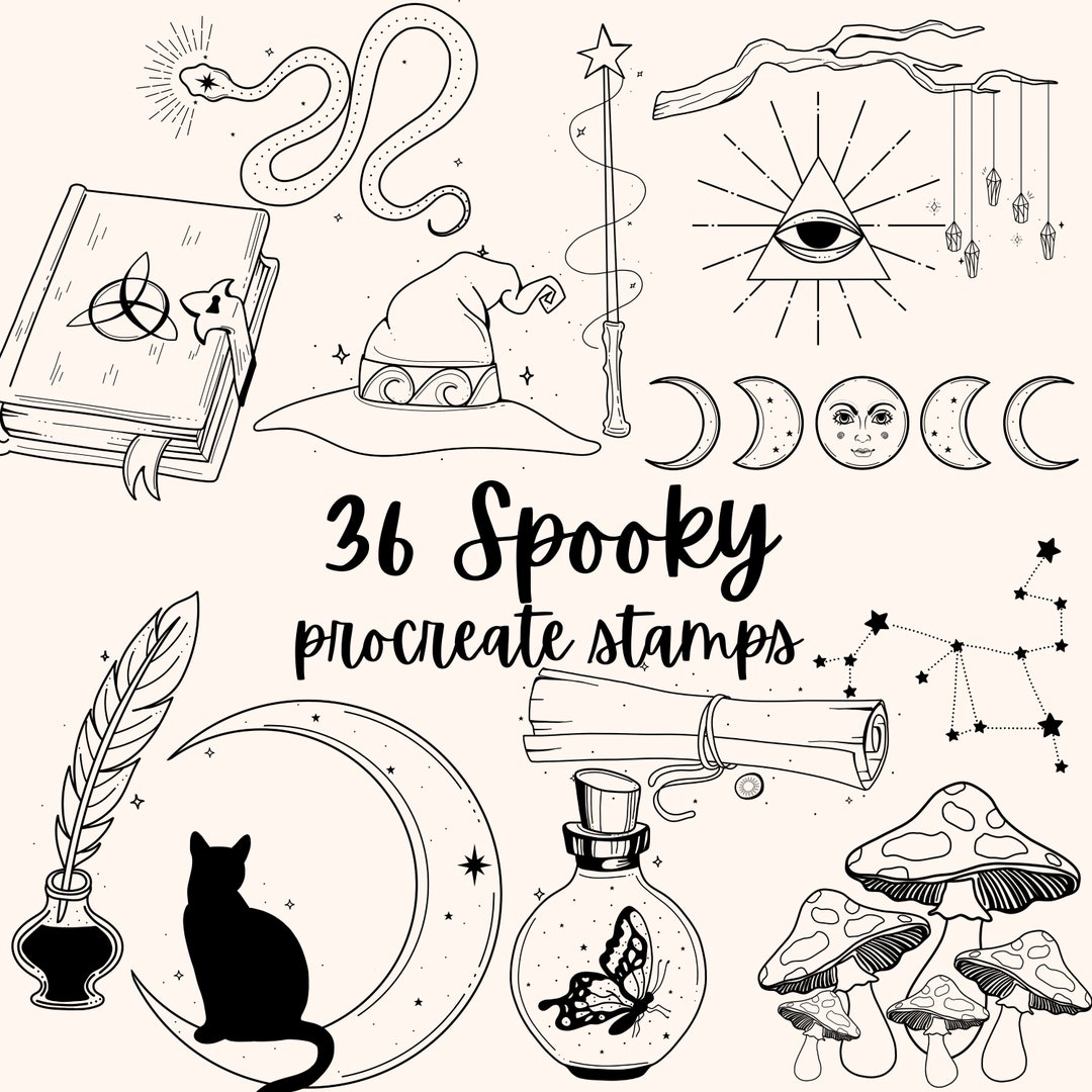 36 Spooky Halloween Procreate Stamps: Sun Moon Star Black Cat Potion ...