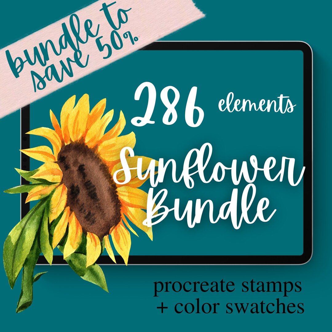 286 Sunflower Bundle Procreate Stamps, Watercolor Sunflower, Floral ...