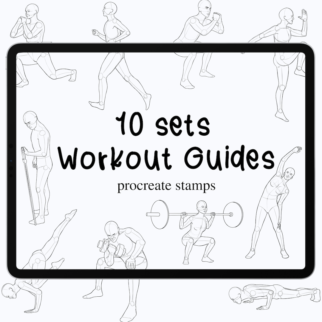 10 Sets of Workout Guides Procreate Stamps. Men and Women Exercising in ...