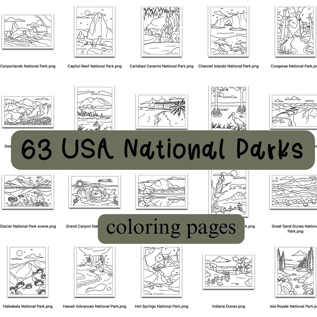 63 USA National Parks Coloring Pages: Hand Drawn High Rez PNG Files ...