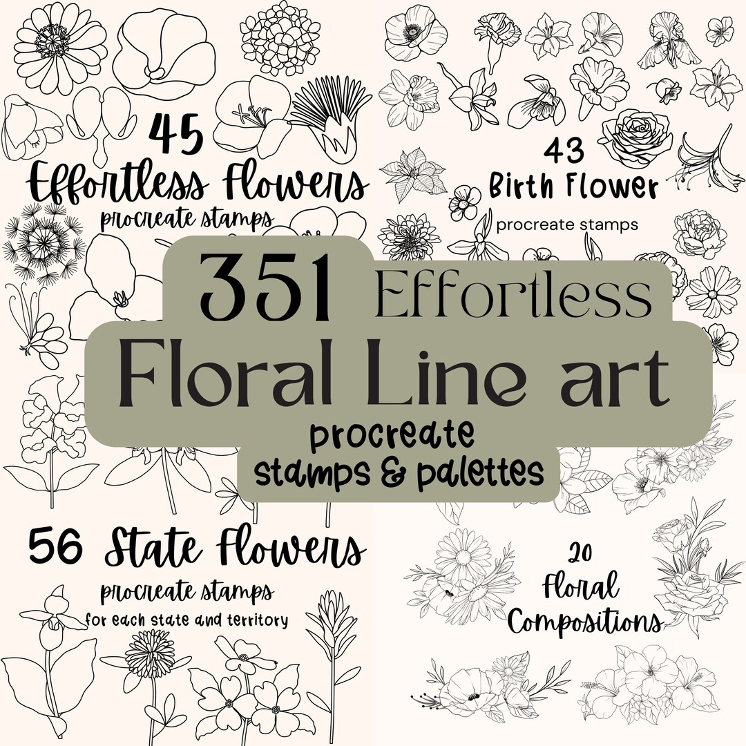 351 Effortless Floral Line Art Procreate Bundle: Procreate Stamps of ...