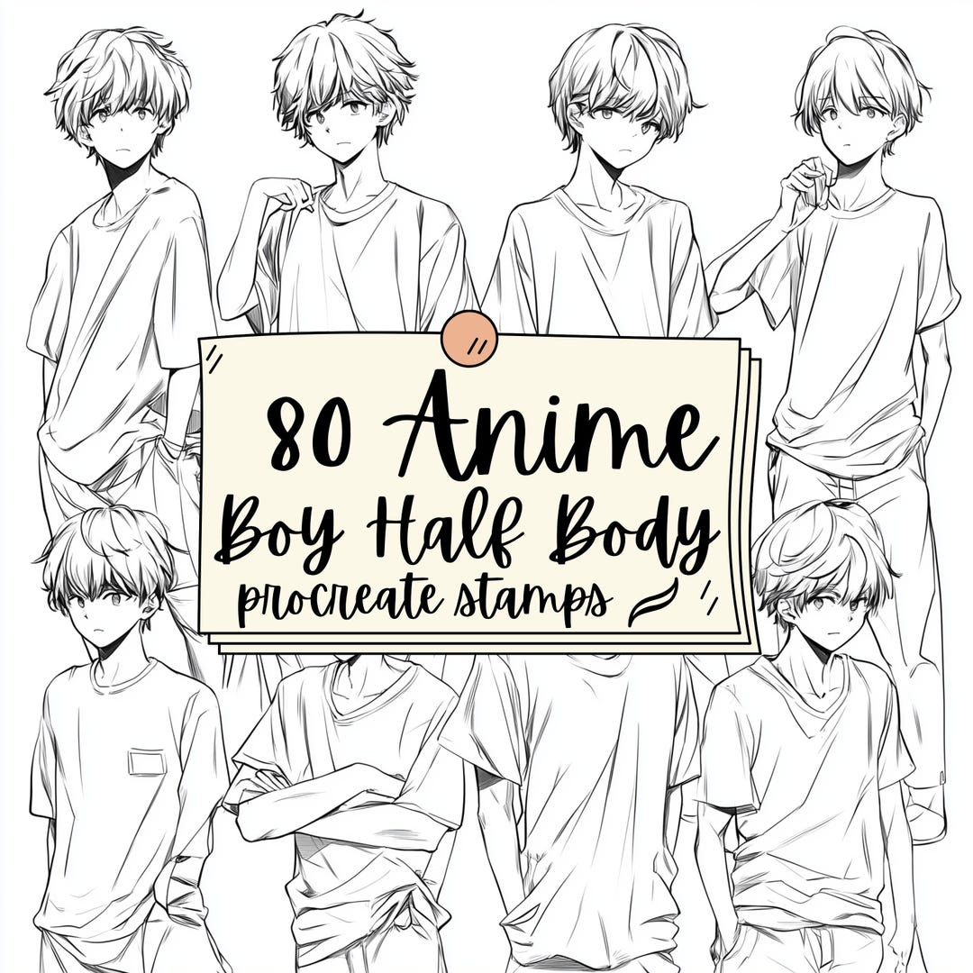 80 Anime Boy Half Body Sketch Stamps for Procreate – Speed up Character ...