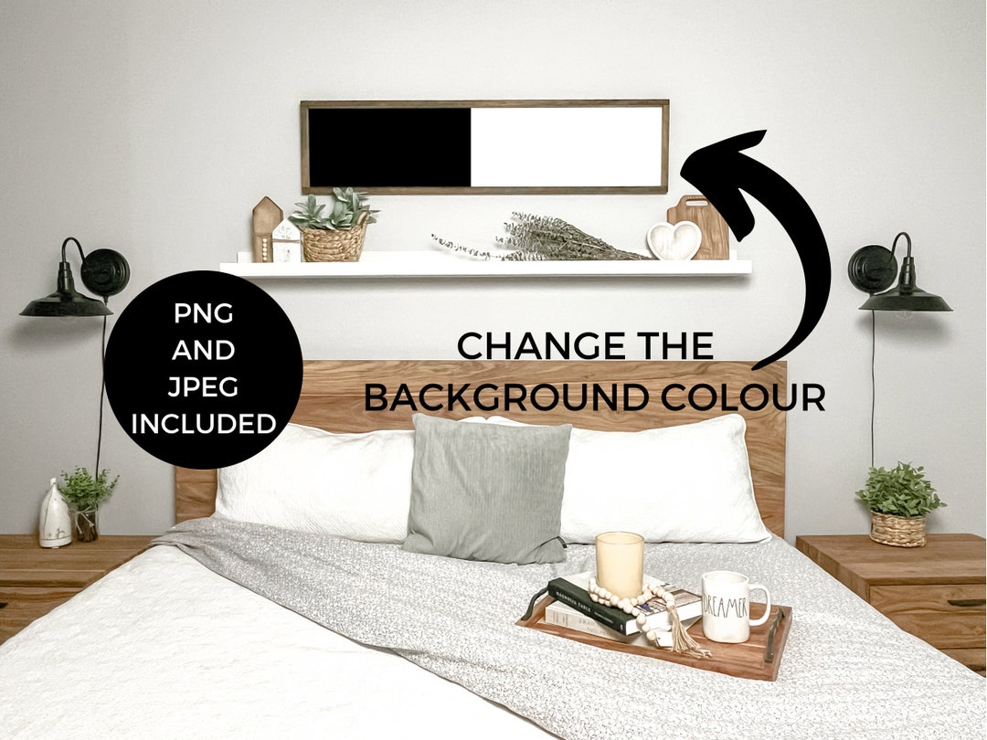 12x48 Inch Mockup | Wood Sign Above a King Bed | Farmhouse Shelf ...