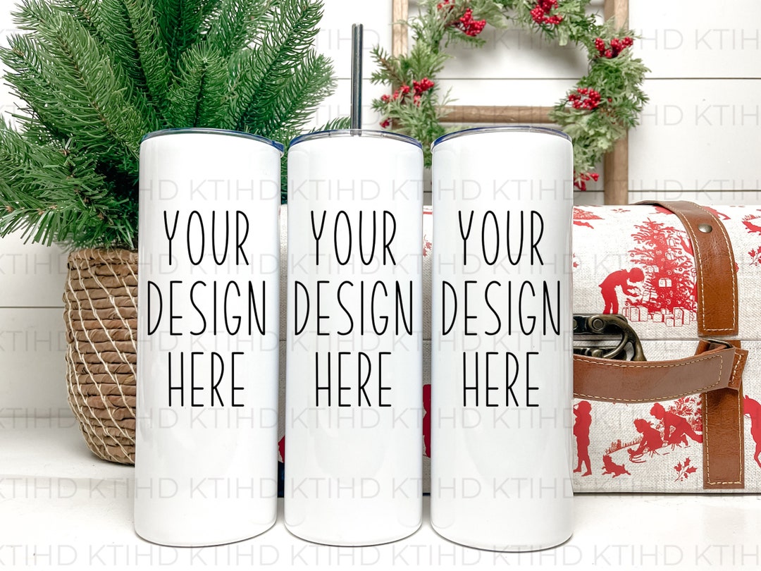 Skinny Tumbler Mockup | Set of 3 Thermal Cups | Christmas Tree Wrap ...