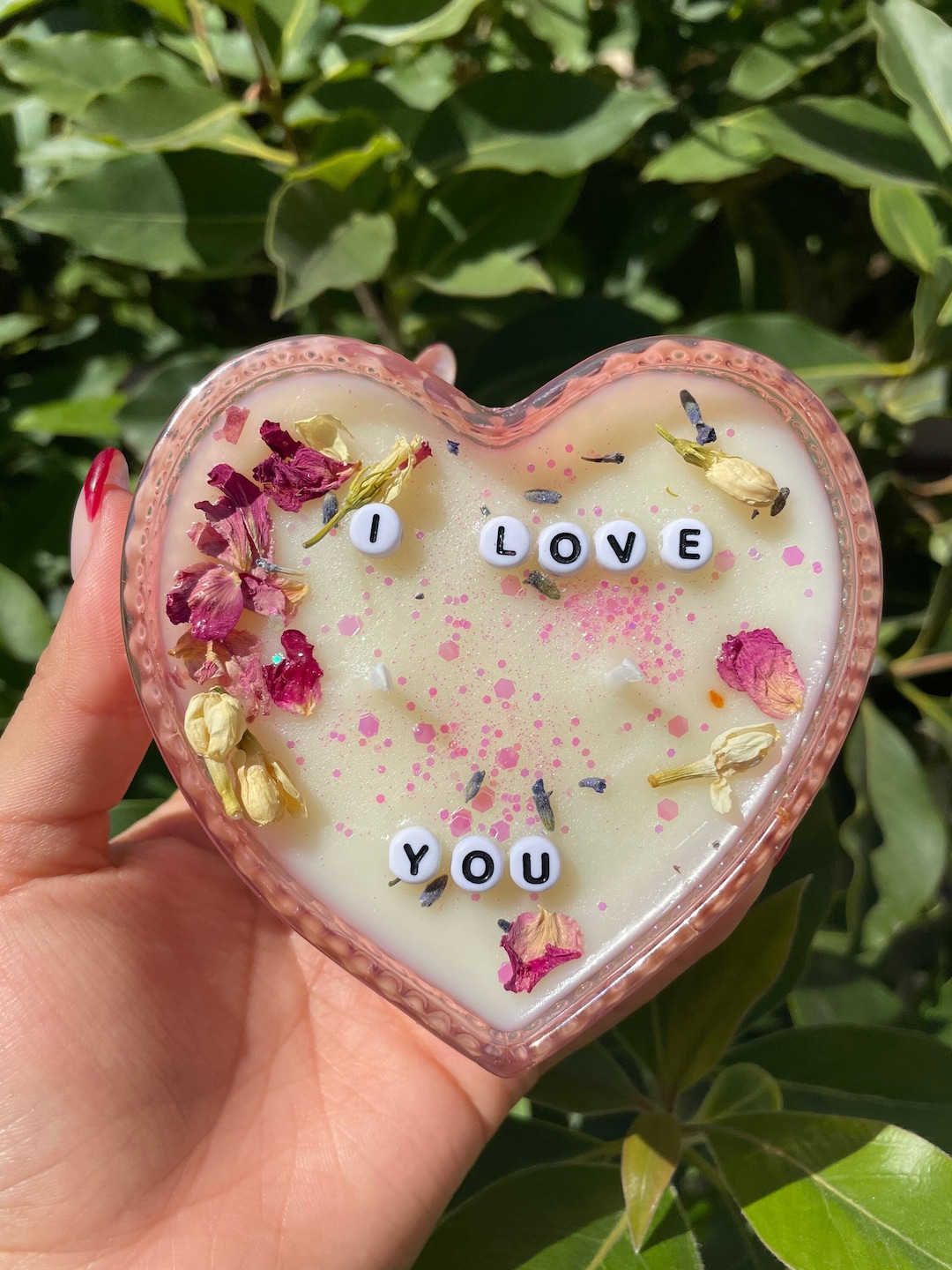 Glass Iridescent Pink Heart Candle Container- 5oz | Custom Message ...