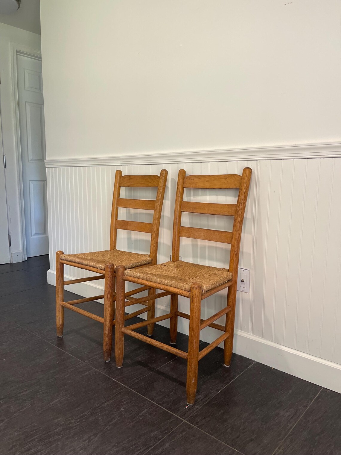 Vintage, Oak Ladder Back Chairs With Woven Seats - Set of 2 - Etsy