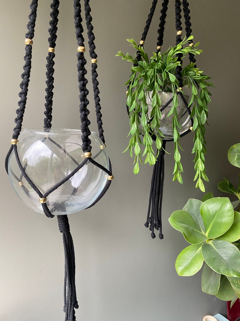 Plant Hanger Black Gold Macrame Plant Hanger Macrame Black Hanging ...