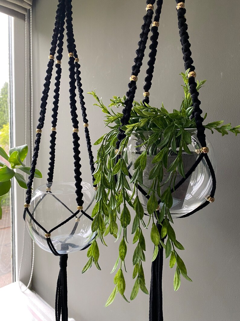 Plant Hanger Black Gold Macrame Plant Hanger Macrame Black Hanging ...