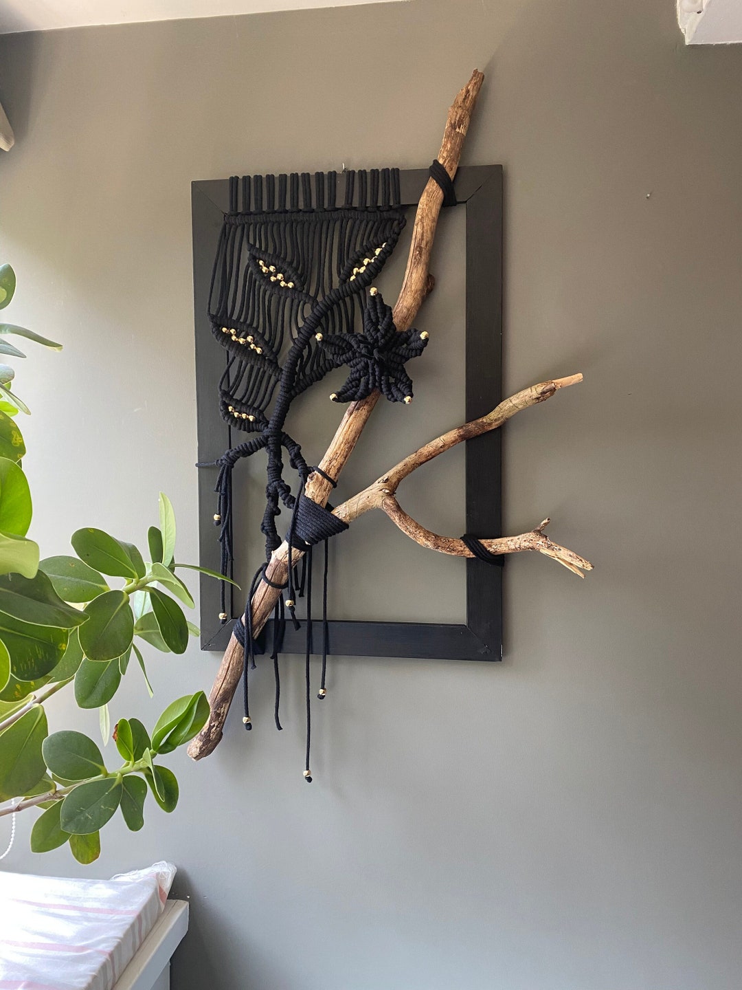 Macrame Wallhanger Macrame Black and Gold Macrame Wallart Black Macrame ...