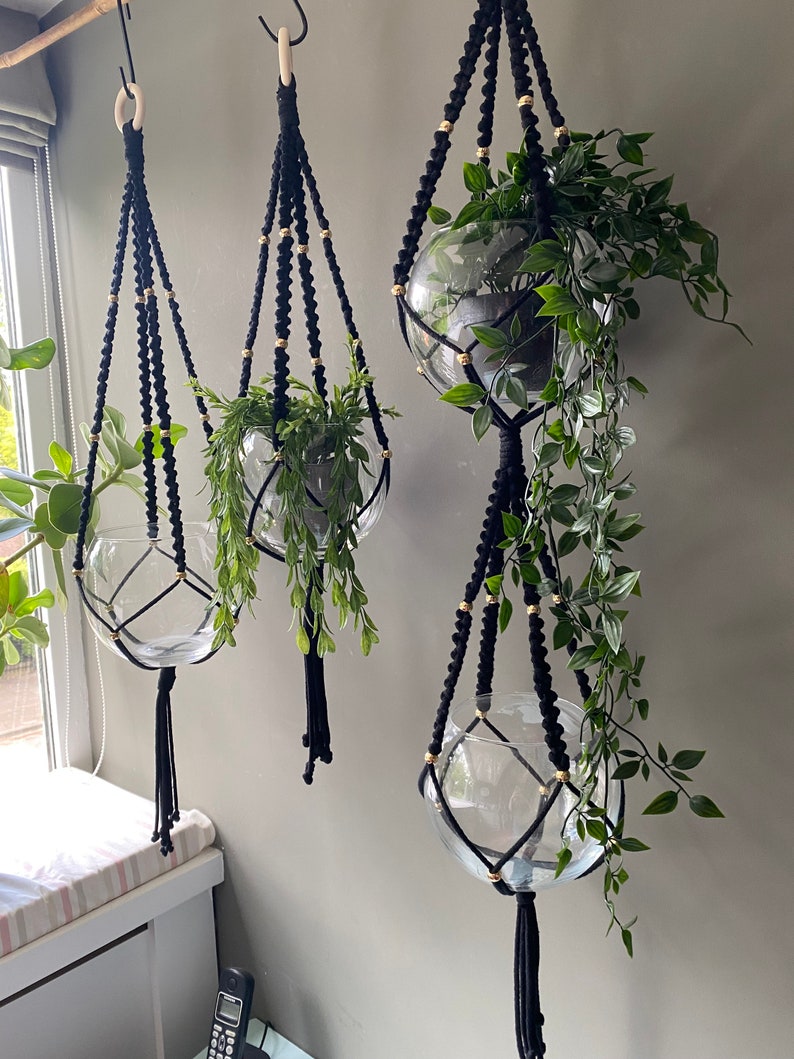 Plant Hanger Black Gold Macrame Plant Hanger Macrame Black Hanging ...