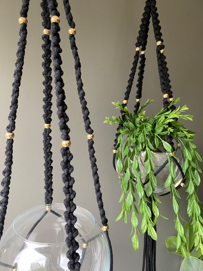 Plant Hanger Black Gold Macrame Plant Hanger Macrame Black Hanging ...