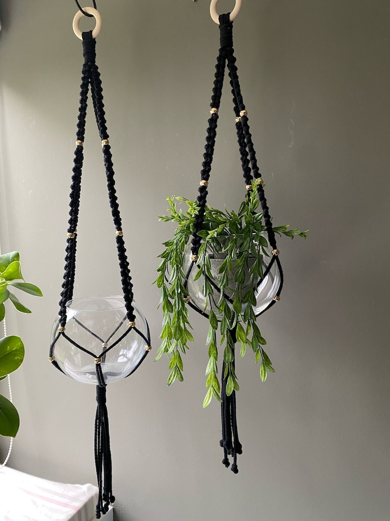 Plant Hanger Black Gold Macrame Plant Hanger Macrame Black Hanging ...