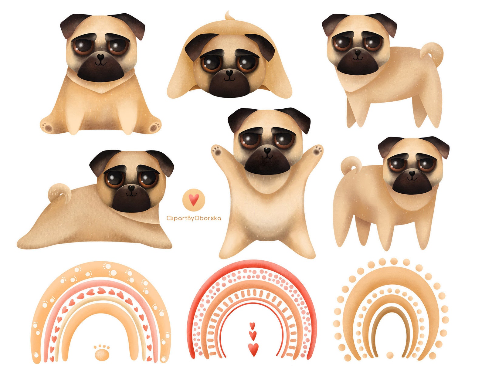 Pug Clip Art, Cute Pug Clipart, Commercial Use, Dog Clipart, Rainbow ...