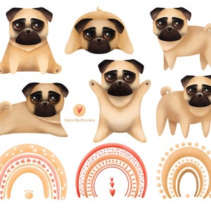 Pug Clip Art, Cute Pug Clipart, Commercial Use, Dog Clipart, Rainbow ...